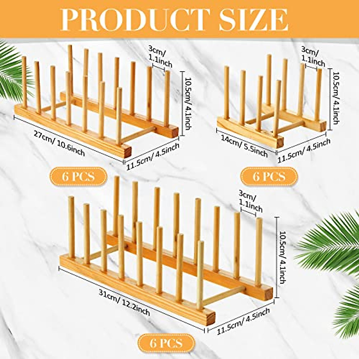Zopeal 18 Pcs Bamboo Wooden Plate Racks Dish Rack Stand Holder 3/ 6/ 7 Slots Drainboard Drying Drainer Kitchen Cabinet Organizer for Dish Plate Bowl Cup Pot Lid Book