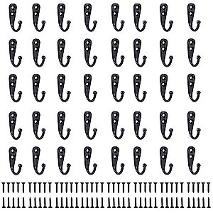 PietyPet 40 Pieces Single Robe Hooks Metal Cloth Hanger Wall Mounted Hook with Screws for Coat, Scarf, Bag, Towel, Key, Cap, Cup, Hat (Black)