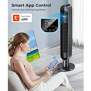 Azonanor Tower Fan for Bedroom, 90° Oscillating Standing Bladeless Fan with Remote, 12H Timer, 3 Speeds Max 28ft/s, 3 Modes, LED Display Floor Fans Works with Tuya/Smart Lift