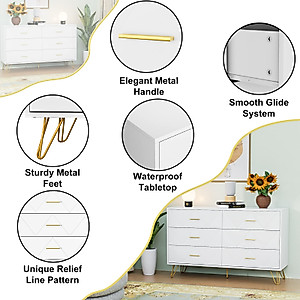 CARPETNAL White Dresser, Modern Dresser for Bedroom, 6 Drawer Double with Wide Drawers and Metal Handles, Wood Dressers & Chest of Hallway, Entryway.