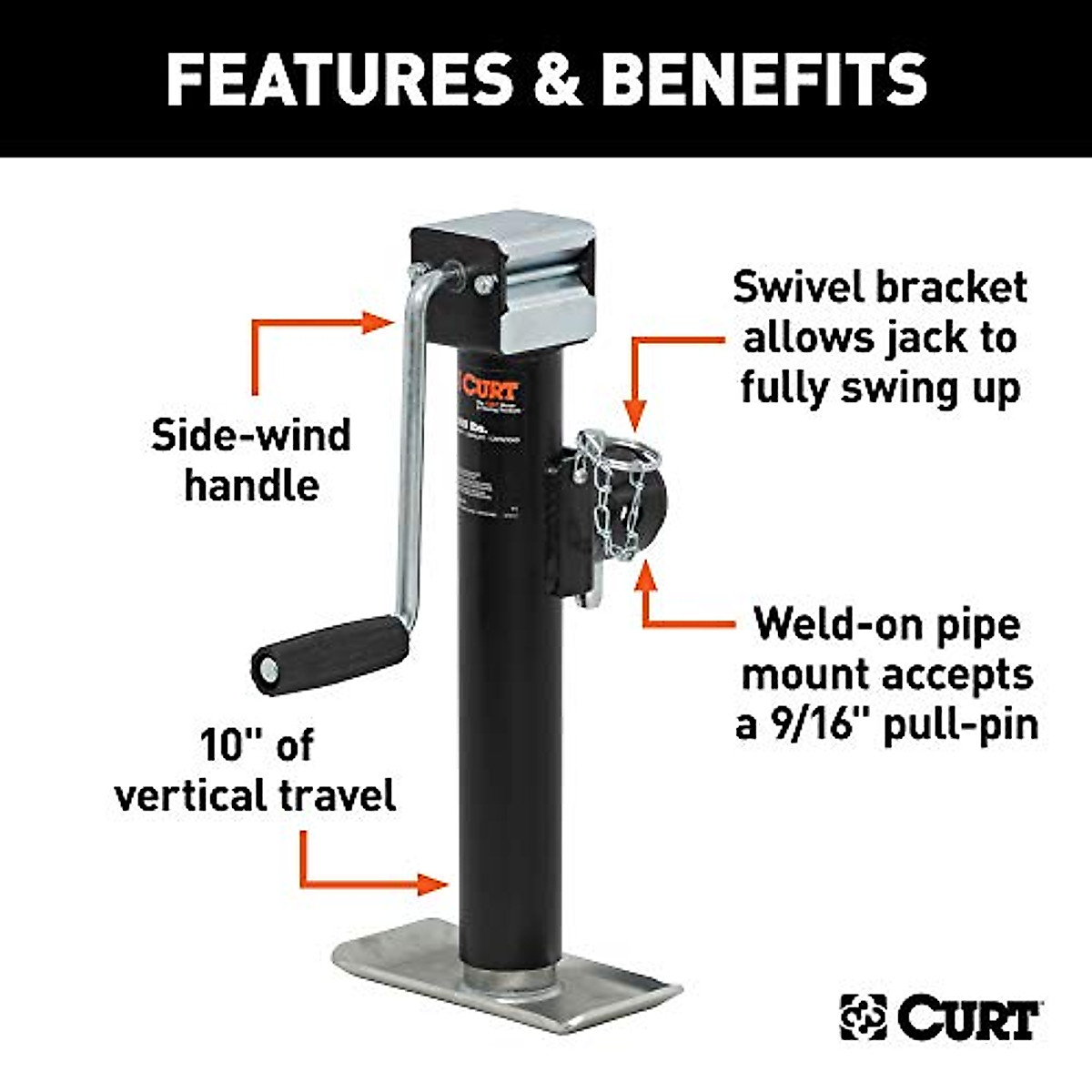 CURT 28354 Weld-On Pipe-Mount Swivel Trailer Jack, 5,000 lbs. 10 Inches Vertical Travel , Black