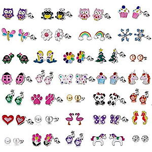 33 Pairs Stud Earrings Set for Kids - Hypoallergenic - Colorful CZ Animal Stud Earrings for Little / teen Girls Jewelry