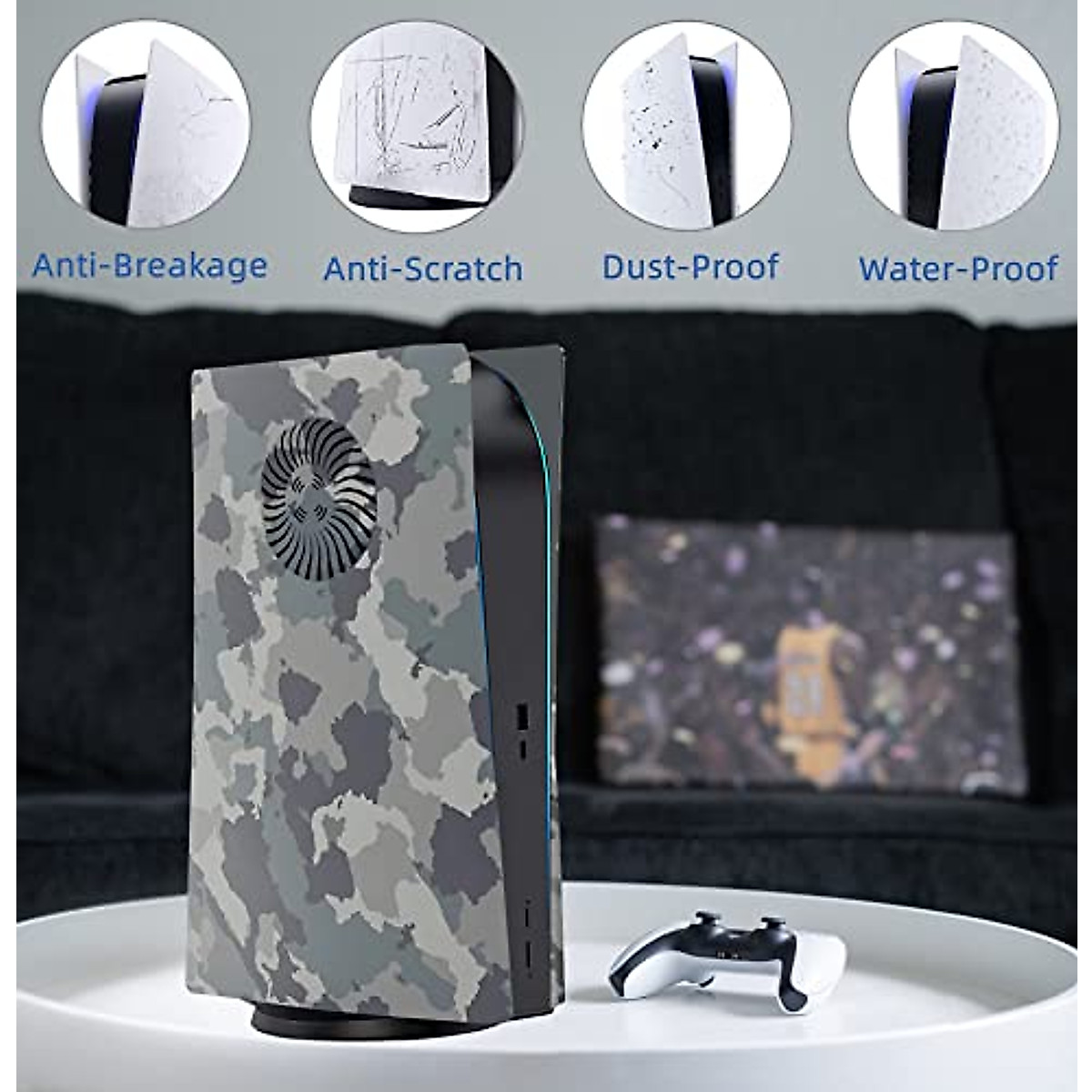 Cover Plates with Cooling Vent for PS5 Disc Edition Console, Playstation 5 Accessories Face Plates Side Panels Shell Replacement Protective Faceplates (Gray Camouflage)