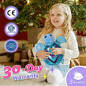 Athoinsu 12'' Blue Turtle Plush Pillow Soft Plush Toy with Reversible Glitter Sequins Sparkle Birthday Children's Day Valentine's Day for Kids Boys Girls Toddlers