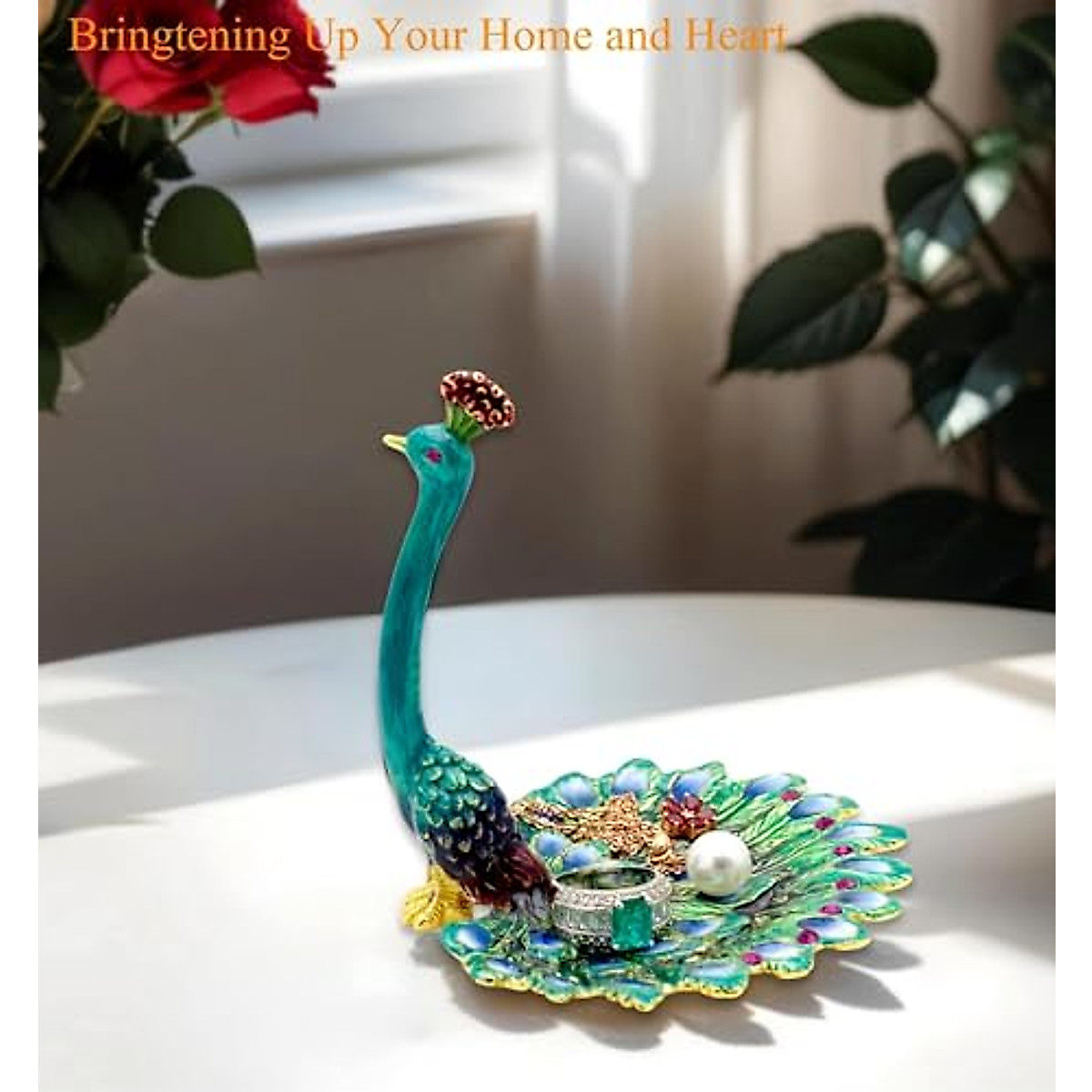 JWT Astyle Luxury Peacock Ring Holder Dish Jewelry Tray.Turquoise Peacock Decor Gifts Animal Figurines Trinkets Earring Necklace Storage Organizer