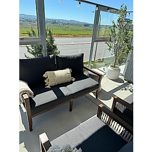 Nathan James Freya Bohemian Wood Loveseat, Upholstered Loveseat Sofa for Patio, Solid Acacia Wood Frame, Dark Acacia