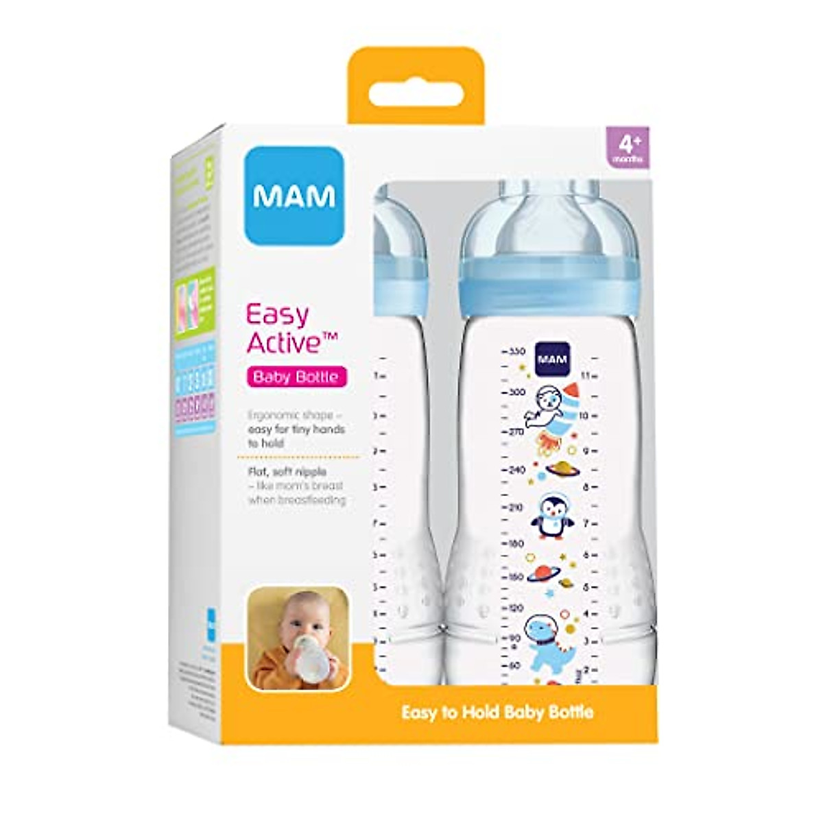 MAM Easy Active Baby Bottle, Switch Between Breast and to Clean, 4+ Months, Boy,(Pack of 2)