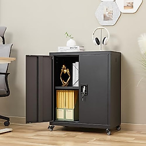 GREATMEET Metal Storage Cabinet with Locking Doors and Adjustable Shelves,31.5" H Steel Storage Cabinet with Wheels for Office,Home,Garage,Classroom Black