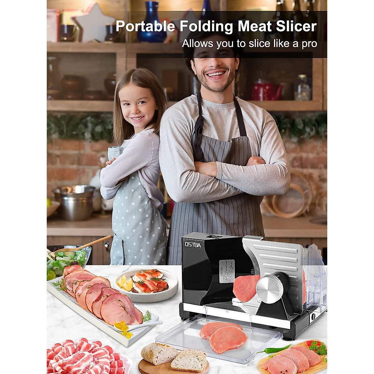 OSTBA APPLIANCE OSTBA Foldable Meat Slicer, Electric Deli Food Slicer with Food Tray, 0-18mm Adjustable Thickness Meat Slicer, Portable Collapsible Food Slicer with Stainless Steel Blades, Black