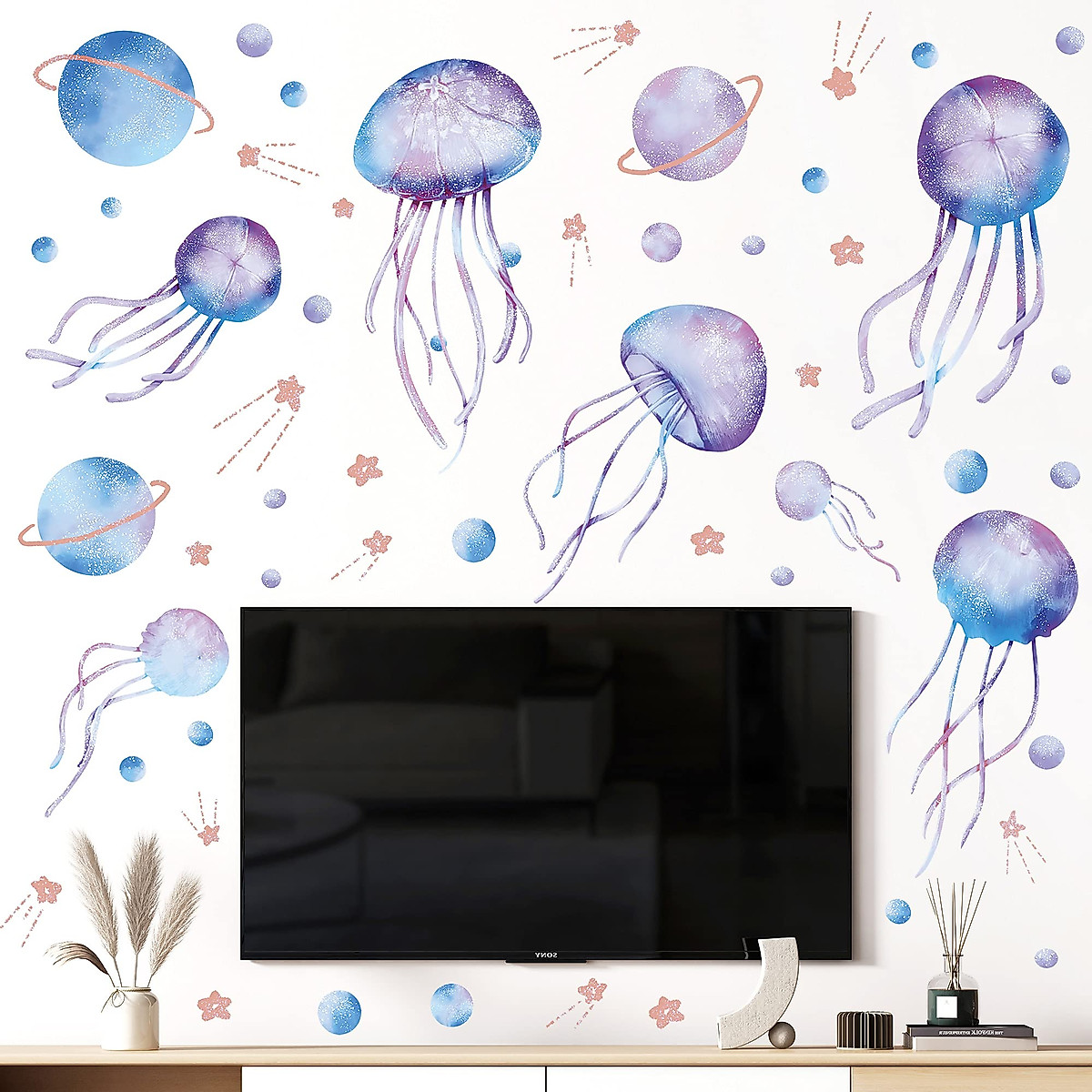4 Sheets Starry Sky Jellyfish Wall Sticker Glow in The Dark Wall Stickers Planet Blue Luminous Wall Decals DIY Peel Stick Art Decor for Walls Ceiling Kids Bedroom Living Room Nursery Girls and Boys (Blue)