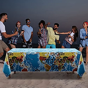 Frienda 3 Pcs Adventure Awaits Tablecloth Bon Voyage World Map Tablecloth Plastic Adventure Disposable Table Cover for Travel Retirement Wedding Graduation, 108 x 54 Inches, Blue