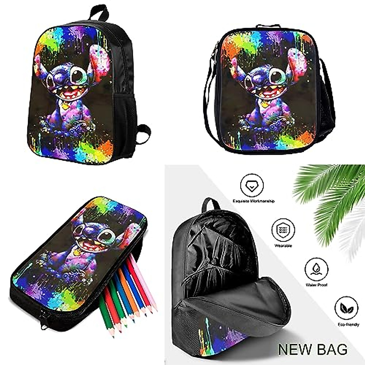 DESHOES 3PCS Anime Backpack 17 Inch School Backpacks With Lunch Box Pencil Case Set Casual Daypack Travel Stuff Insulated Tote Bag Bookbag For Kids Girls Boys Adults Women Men Gifts