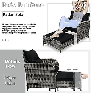 Auzfy 5 Pieces Wicker Outdoor Patio Chairs with Ottoman, PE Wicker Rattan Patio Conversation Furniture Set with Underneath Footrest, Wicker Outdoor Patio Chairs and Ottoman Set with Table, Black