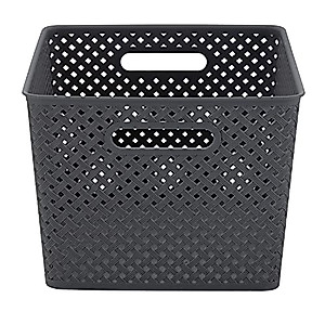 Simplify Large Resin Wicker Tote | Storage Bin | Plastic Organizer | Carrying Handles | Bathroom | Pantry | Accessories | Toys | Grey