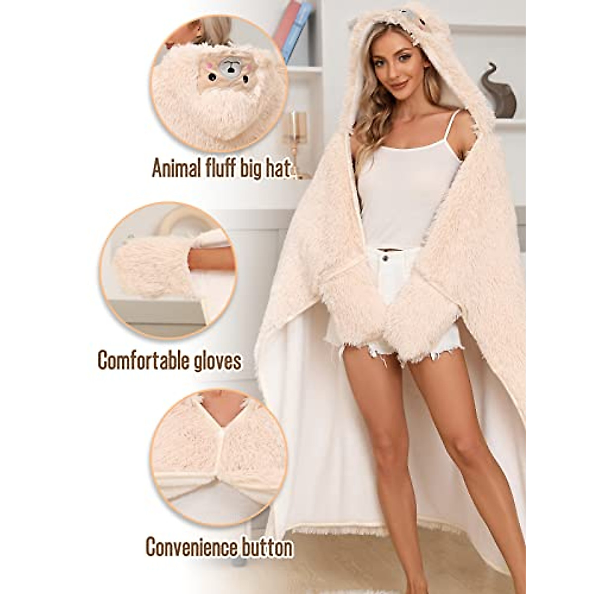 Yusongirl Wearable Hooded Blanket for Adults Super Soft Sherpa Hoodie Throw Winter Warm Fleece Cozy Plush Animal Cape (Alpaca - Beige)