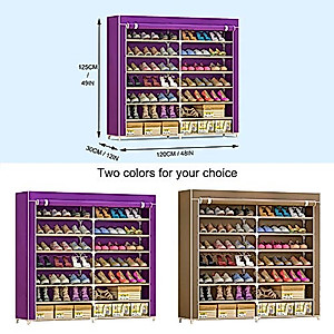 IBEQUEM Double Row 7-Tier Shoe Rack, Stackable Non Woven Cover Shoe Storage Cabinet, Metal Shoe Tower Cabinet Holds 28 Pair, Portable Shoe Shelf for Closet, Balcony, Bedroom Entryway (Coffee)