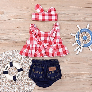IWOKA Baby Girls Plaid Ruffle Bowknot Tank Top+Denim Shorts Outfit with Headband (70(0-6M), Red)