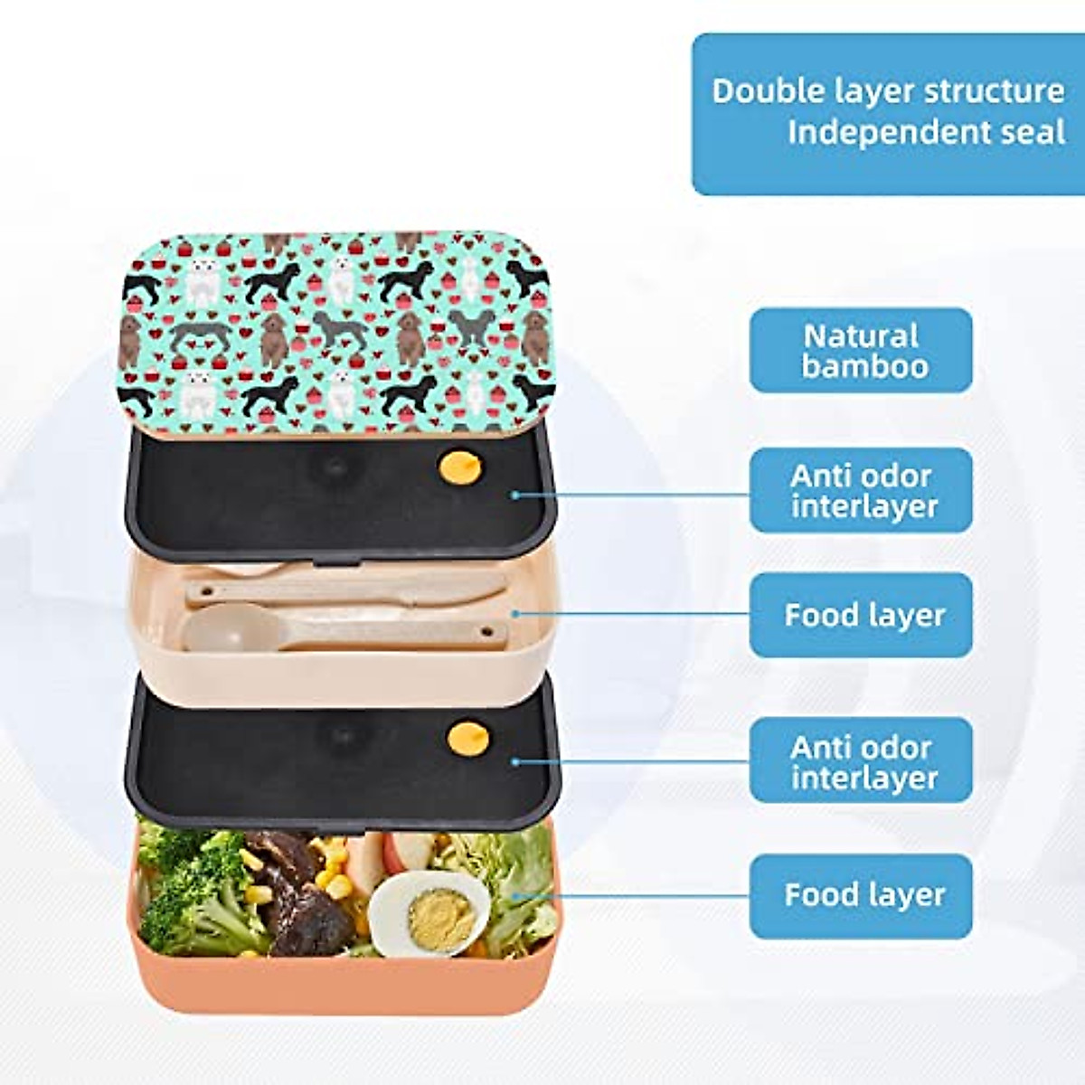 KOOLR Poodles Dogs Print Bento Box Adult Lunch Box With 2 Compartments Stackable For Work Picnic Leak Proof Bento Box