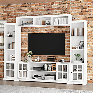DiDuGo Large Entertainment Center with Bookshelves & Glass Doors, 66.9x43.3 inch Hutch Space for TV, Living Room Entertainment Center with Storage, White (102”W x 14.6”D x 78.2”H)