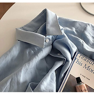 GGUHHU Womens Chic Button Down Rolled-Up Sleeve Long Cotton Blouse Maxi Dress (Medium, Light Blue)