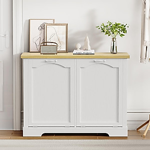 VOPEAK Tilt Out Trash Can Cabinet, Farmhouse Tilt Out Laundry Hamper, Wooden Trash Cabinet, Laundry Cabinet for Bathroom Kitchen Bedroom Living Room, Fit 2x10 Gallon Garbage Cans, Black