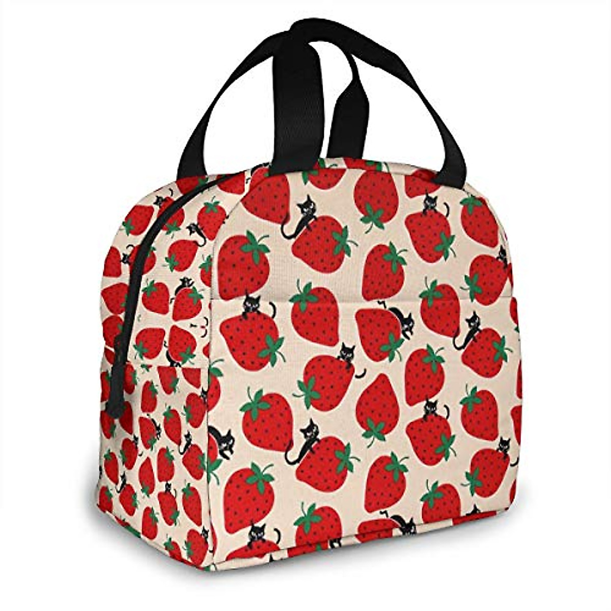 Black Cat On Red Strawberry Lunch Bag For Women Girls Kids Insulated Picnic Pouch Thermal Cooler Tote Bento Large Meal Prep Cute Bag Big Leakproof Soft Bags For Lunch Box, Camping, Travel, Fishing