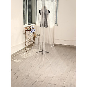 Ursumy Pearl Wedding Veils Flower Cathedral Bridal Veil 118’’ Veils for Brides 1 Tier Fingertip Length Drop Veil Hair Comb (300 * 150cm/118 * 59in, Ivory)