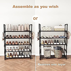 VTRIN Shoe Rack 5 Tier 20-25 Pairs Shoe Rack for Entryway Sturdy Shoe Organizer Storage for Closet Bedroom Dorm Heavy Duty Black Metal Shoe Shelf with Hooks