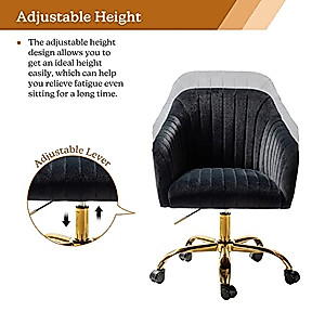 TINA'S HOME Velvet Home Office Desk Chair with Gold Base, Modern Cute Computer Task Chair, Wheels Swivel Height Adjustable Upholstered Vanity Chair for Women Girls, Black