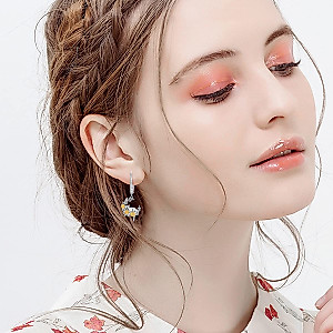 Lazy Sleeping Cat Moon Leverback Dangle Earrings with Sunflower S925 Sterling Silver Bohemian Lying Down Floral Cat Cute Kitten Dangling Drop Earrings Jewelry for Women Teen Girls