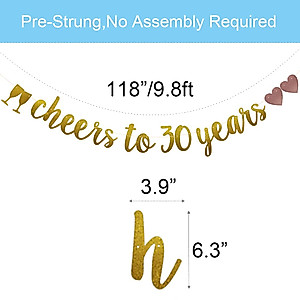 Cheers to 30 Years Banner, Pre-Strung, Gold Glitter Paper Garlands for 30th Birthday / Wedding Anniversary Party Decorations Supplies, No Assembly Required,(Gold)SUNbetterland