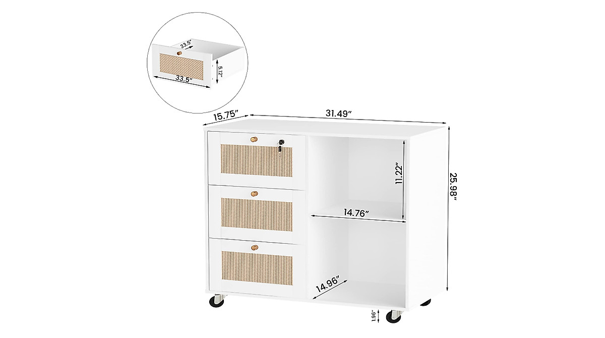 Lamerge 3-Drawer Rattan File Cabinet for Home Office