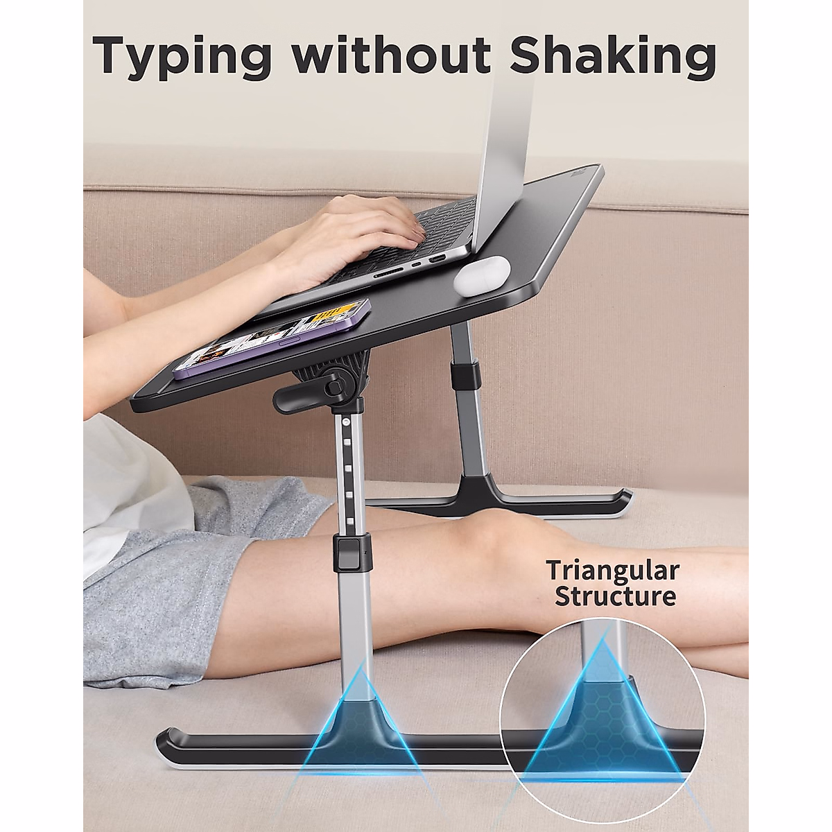 SAIJI Leather Laptop Bed Tray Table, Adjustable Laptop Stand with Removable Stopper, Portable Lap Desks with Foldable Legs, Notebook Stand Breakfast Reading Desk for Sofa Couch(Large,Black)