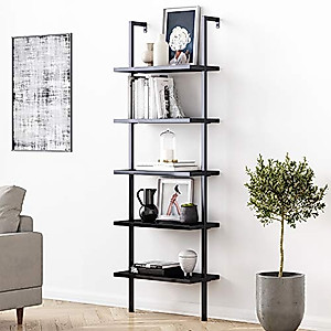 Nathan James Theo 5-Shelf Black Modern Bookcase, Open Wall Mount Ladder Bookshelf with Industrial Metal Frame