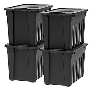 IRIS USA 20 Gallon Utility Totes with Easy-Grip Handles, 4 Pack - Black, Heavy-Duty Durable Stackable Storage Containers, Large Garage Organizing Bins Moving Tubs, Rugged Sturdy Camping Equipment