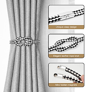 NICEEC 2 Pack Magnetic Snap Type Curtain Tiebacks Leather Fashion Style Drape Tie Backs Elegant Rope Knot Decorative Curtain Holdbacks for Home & Office Window Drapery (Black & White)