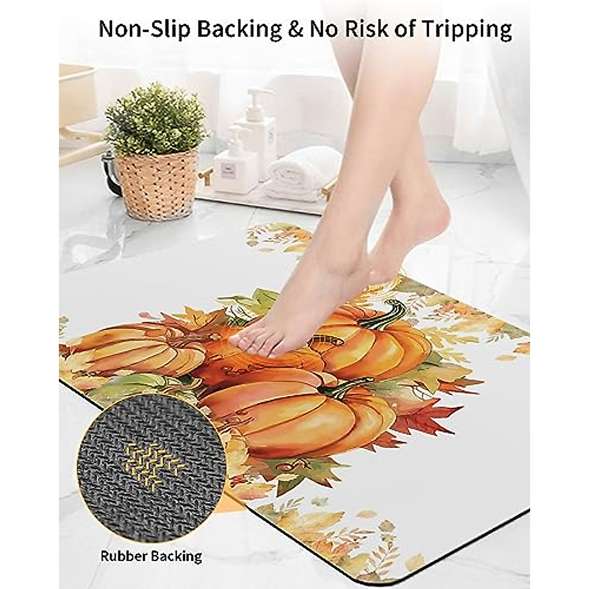 Autumn Pumpkins Bath Mat for Tub,Non Slip Bathroom Floor Runner Rug Quick Dry & Absorbent Diatomaceous Earth Kitchen Room Shower Sink Washable Doormat,Thanksgiving Eucalyptus Maple Leaves 18"x30"