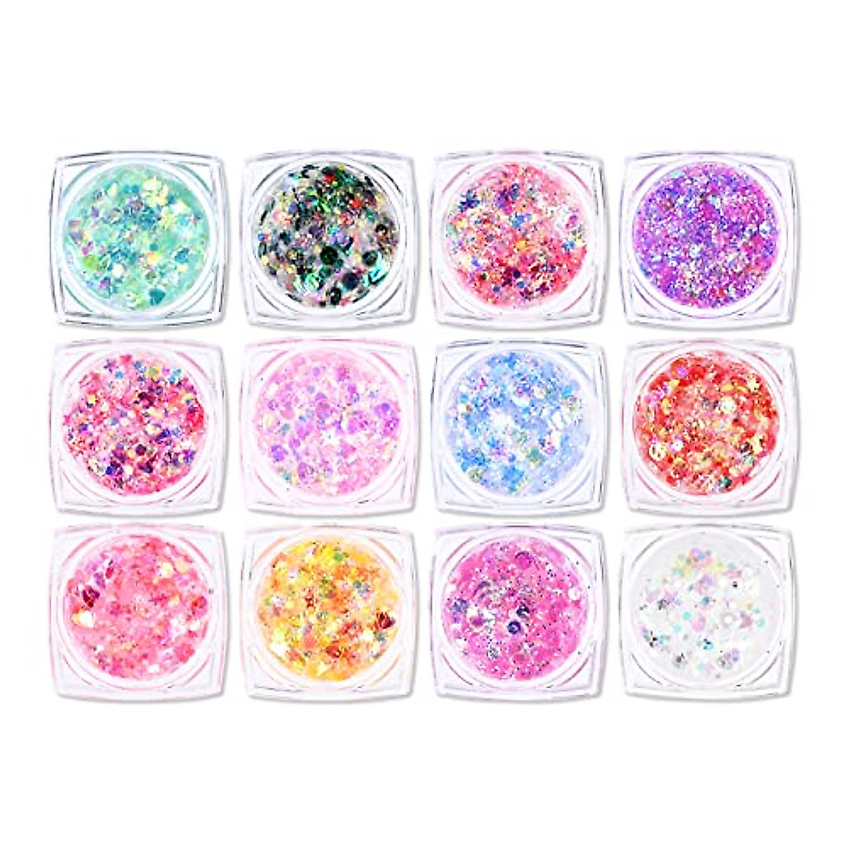 Ownest 12 Colors Holographic Chunky Glitter Gel Set, Christmas Party Makeup Face Body Eye Lips Hair Nail Cosmetic Festival Chunky Glitter Eyeshadow, Mixable, No Need Glue
