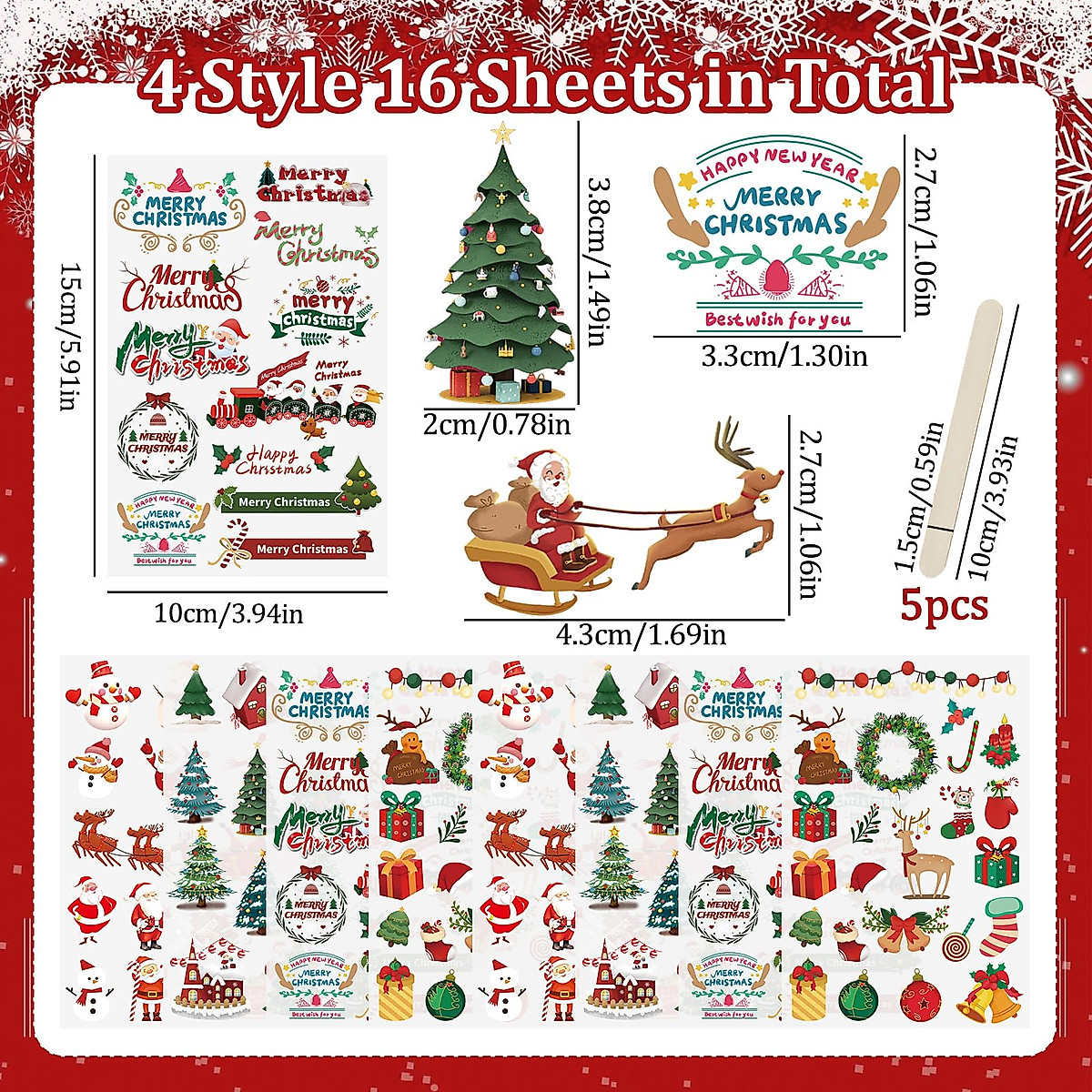 WANDIC 16 Sheets Rub On Transfer Stickers, Christmas Theme Stickers Aesthetic Decor Transfer Stickers for Scrapbook Journal Planner Album,4 * 6in