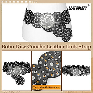 LEACOOLKEY Women Western Leather Belt Boho Disc Conch Waist Belt for Dress Jeans