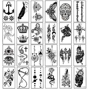 Yazhiji 32 Sheets Temporary Tattoos Stickers, 8 Sheets Fake Body Arm Chest Shoulder Tattoos for Men Women with 24 Sheets Tiny Black Temporary Tattoos