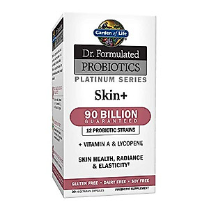 Garden of Life Dr. Formulated Platinum Series Skin+ 90 Billion CFU Guaranteed, 12 Probiotic Strains + Vitamin A & Lycopene for Skin Health, Radiance & Elasticity, Vegetarian Supplement, 30 Capsules
