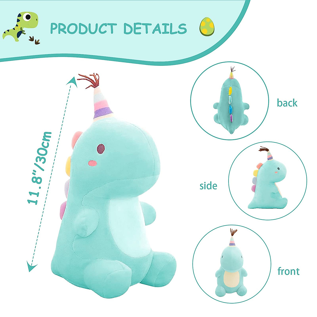 AudeRhine 11.8" Soft Dinosaur Plush Figure, Cute Fat Dino Toy Doll, Squishy Stuffed Animal for Anxiety Relief, Kids Birthday Gift (Blue)