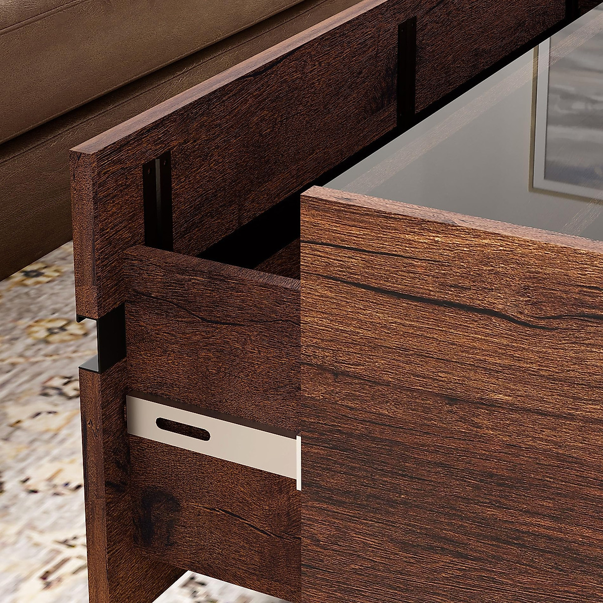 WAMPAT Modern Coffee Table, Square Living Room Coffee Table with Tempered Glass Top and Two Large Storage Drawers, 31.5"x 31.5", Brown