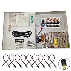 Evertech 8 Channel 9 Port Power Box Security Camera 12V DC 5A Amper CCTV DVR Power Supply Switch Box Key Locked with 9 Pcs. Male Power Jack (9 Port)