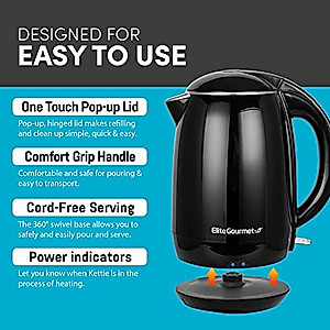 Elite Gourmet EKT1821 1.8L Double Wall Insulated, Cool-Touch Electric Kettle w/Stainless Steel Interior & Lid, 360° Swivel Base for Cord Free Serving, Power On Lever, Auto Shut-Off, Boil Dry, Black
