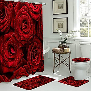 4pcs Red Roses Bathroom Sets with Shower Curtains and Rugs for Women Romantic Red Roses Shower Curtains with Nonslip Rugs and Soft Bath Mat Toilet Seat Cover for Valentines’ Day Gifts