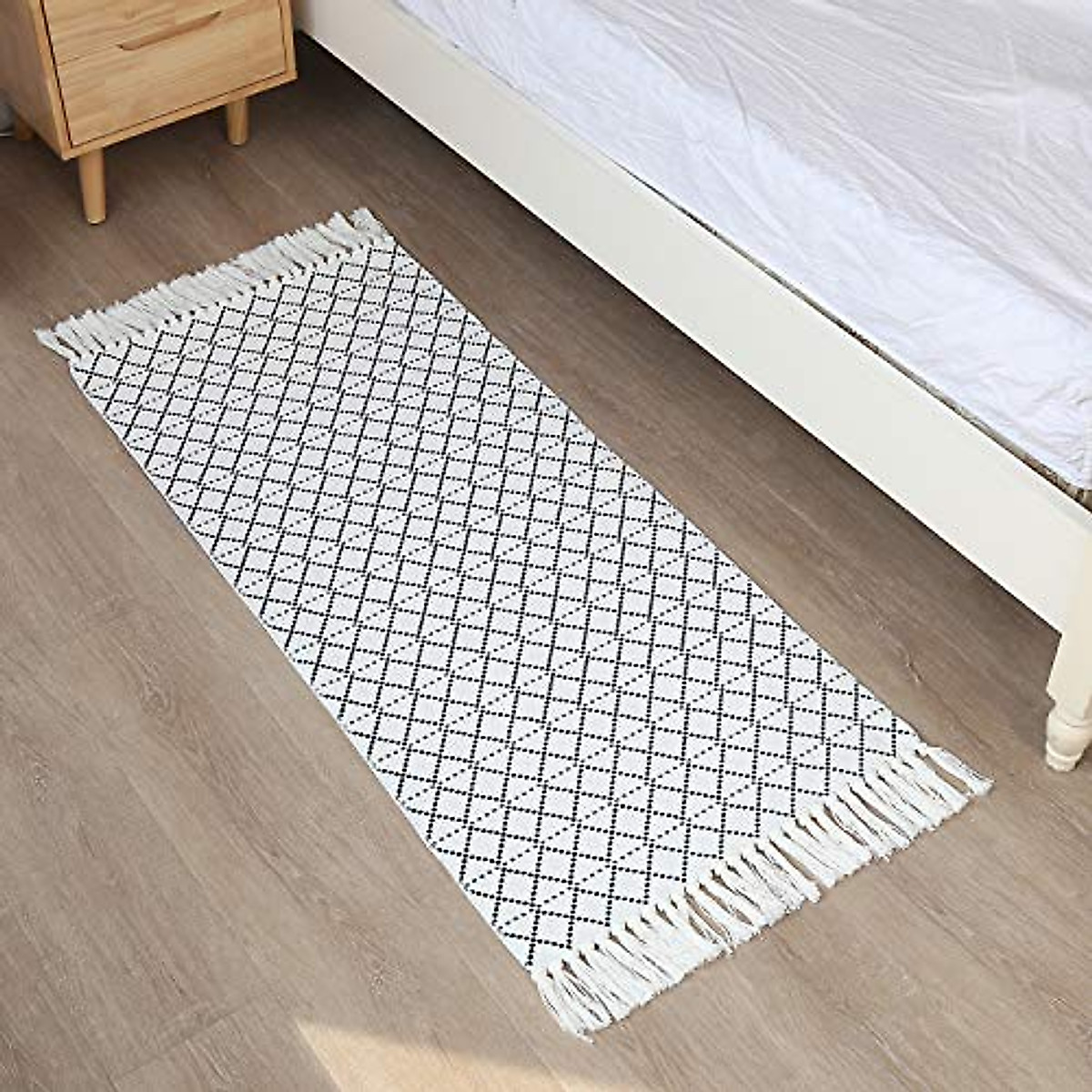 Moroccan Hand Woven Bathroom Rug, Fringe Rug for Bedroom, Cotton Woven Boho Tassel Throw Rug,Tribal Decorative Throw Rugs Carpet for Laundry Hallway Kitchen Sink,Exquisite Geometric(2'x4.3', Black)