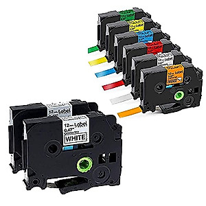 6 Color + 2 White Compatible Label Tape for Brother P-Touch TZe Tape 12mm 0.47 Inch Laminated for PTouch PT-D210 PT-H110 PT-D400 Label Maker, Black on White/Orange/Red/Blue/Yellow/Green, 8Pack