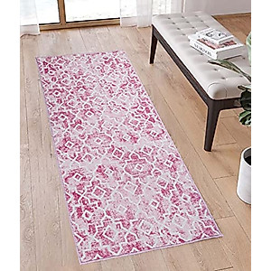 Moroccan Area Rug,2'X 4.3' Washable Pink Runner Rug Distressed Accent Rug Non-Slip Bath Mat Soft Faux Wool Floor Carpet for Kitchen Bedroom Bathroom Living Room